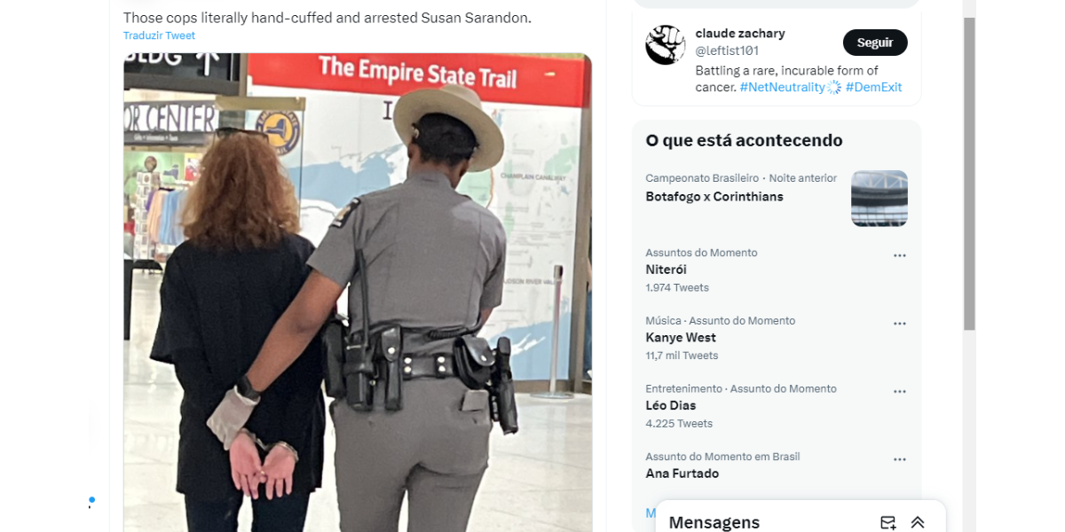 Foto: Susan Sarandon chegou a ser algemada por um policial - Purepeople