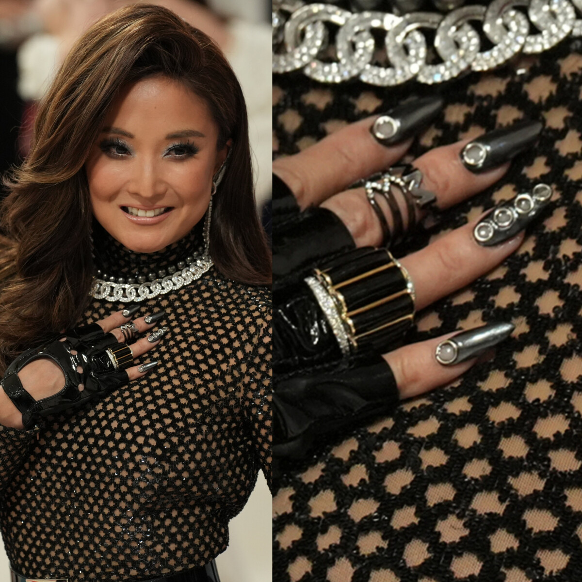 Foto: Unhas escuras decoradas com pérolas: essa versão usada por Ashley ...