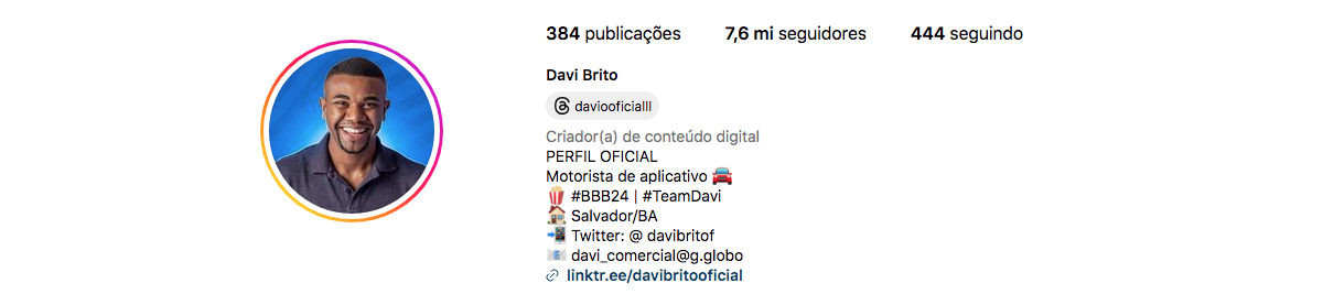 Foto: Davi já passou os 7,2 milhões de seguidores no Instagram ...