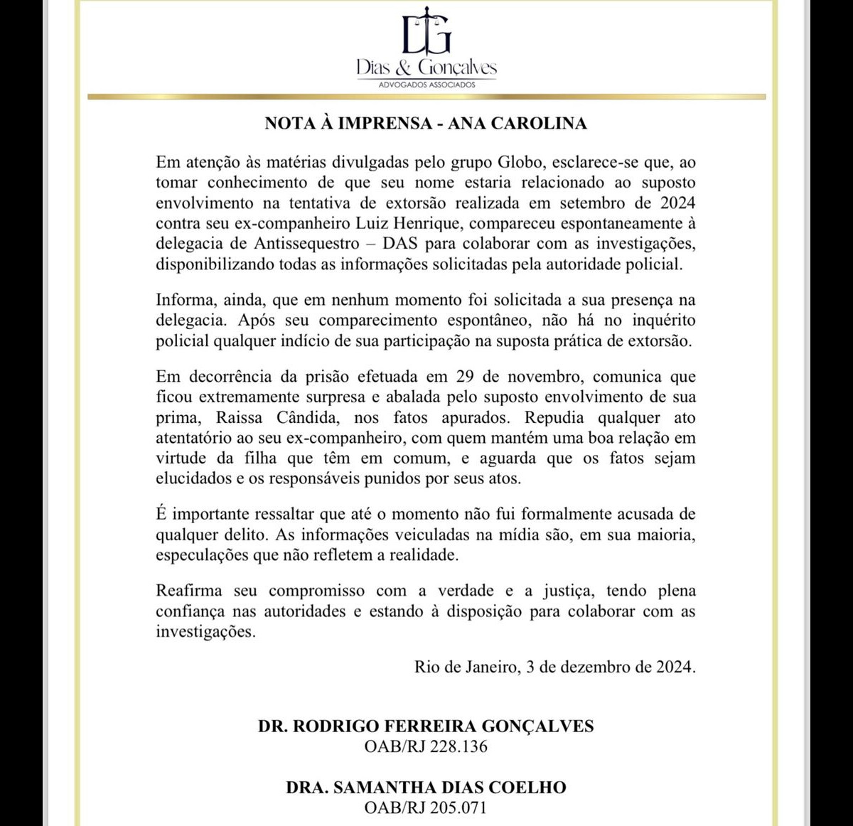 Foto: A nota de Caroline enviada à imprensa. - Purepeople