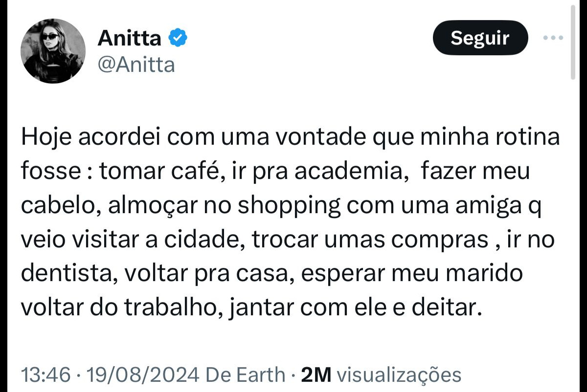 Foto: Dentre os desejos da cantora Anitta estão: tomar café, ir para academia, e trocas umas ...