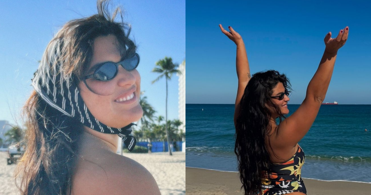 Filha de Flávia Alessandra, Giulia Costa posa de maiô fio-dental na praia e vira de costas para ...