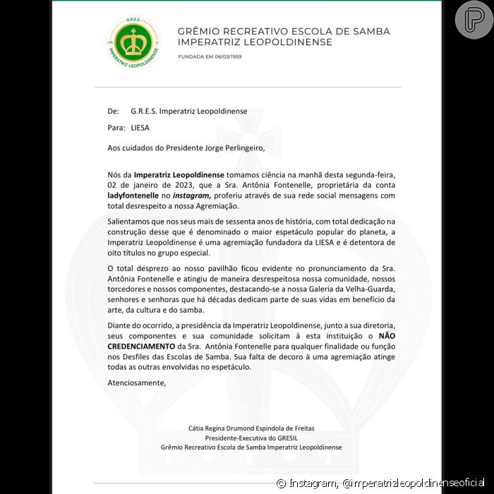 Carta aberta postada pela Imperatriz Leopoldinense - Purepeople