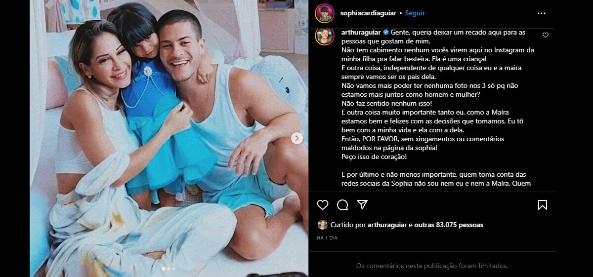 Foto: Arthur Aguiar sai em defesa da filha, Sophia, após perfil da herdeira virar alvo de ...