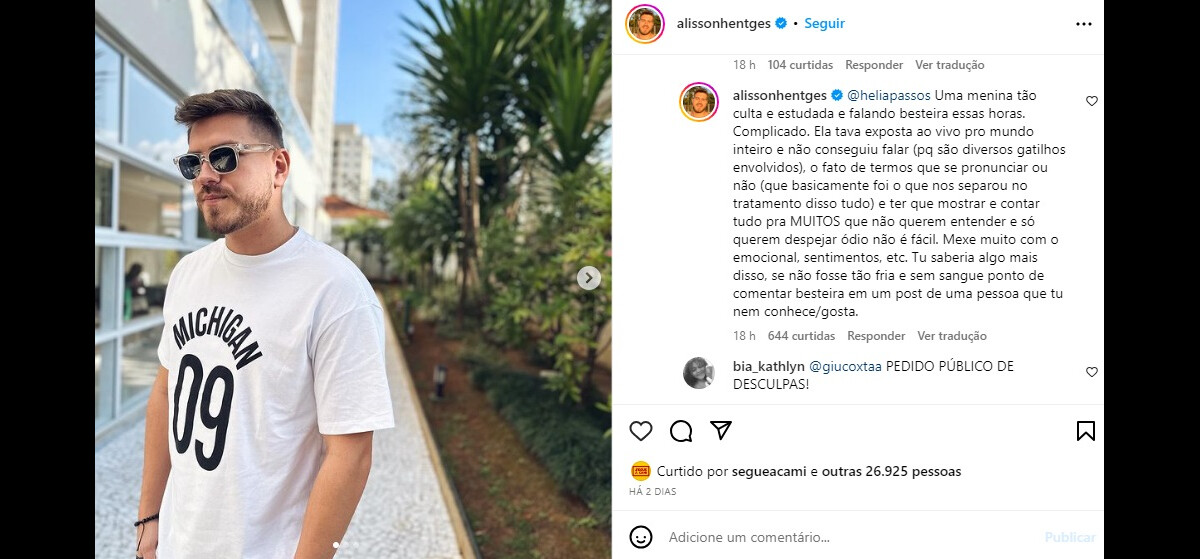 Foto: Alisson finalmente se pronunciou após o seu término ser revelado. - Purepeople