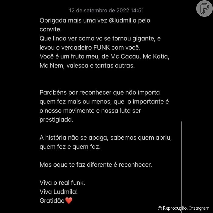 Tati Quebra Barraco exaltou respeito que Ludmilla tem por funkeiras ... Tati Quebra Barraco exaltou respeito que Ludmilla tem por funkeiras ...