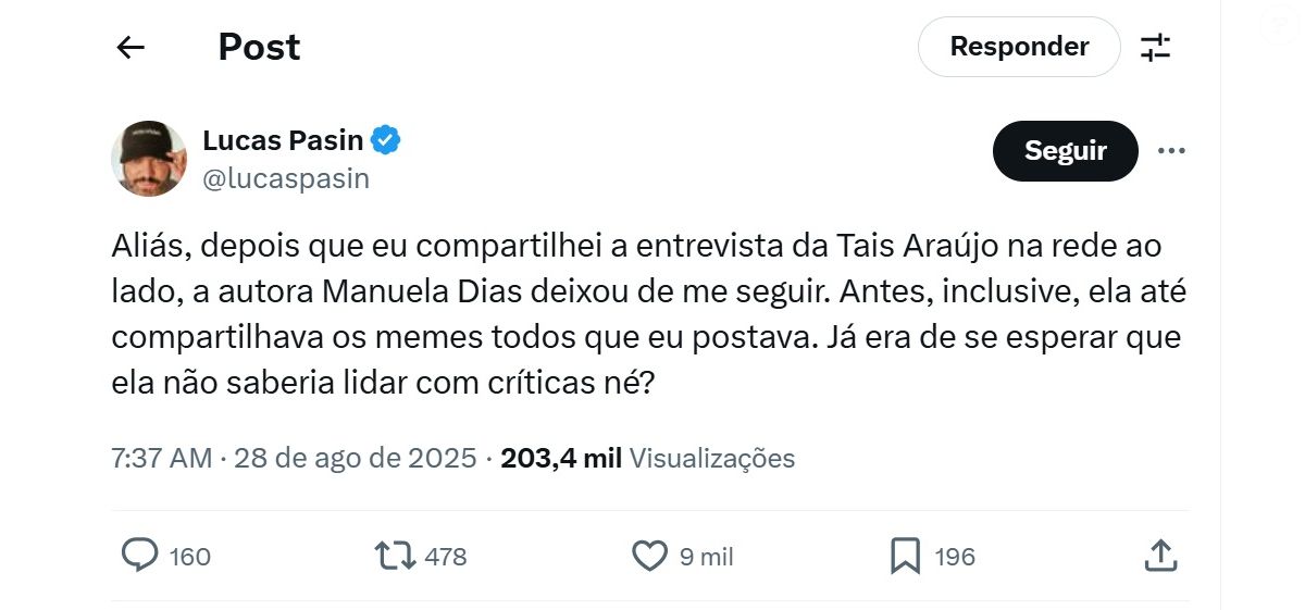 Foto: Colunista Lucas Pasin afirma que Manuela Dias deixou de seguir ...
